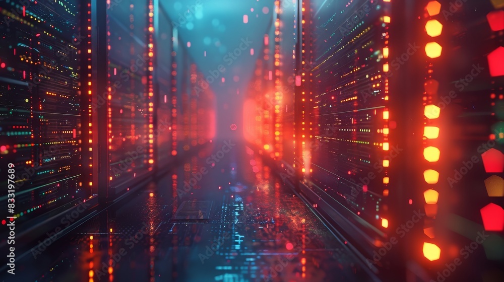 A futuristic server room with glowing red and blue lights. The rows of servers create a sense of ...