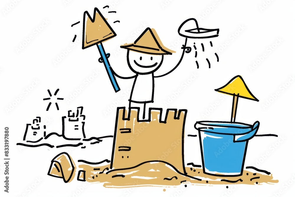 Cartoon cute doodles of a stickman building a sandcastle with a shovel ...