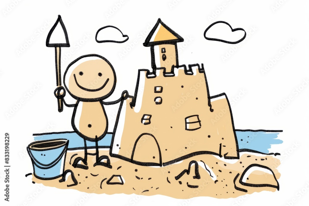 Cartoon cute doodles of a stickman building a sandcastle with a shovel ...