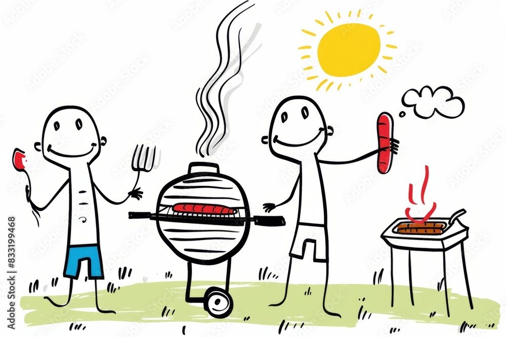 Cartoon cute doodles of a stickman having a barbecue with a grill and ...
