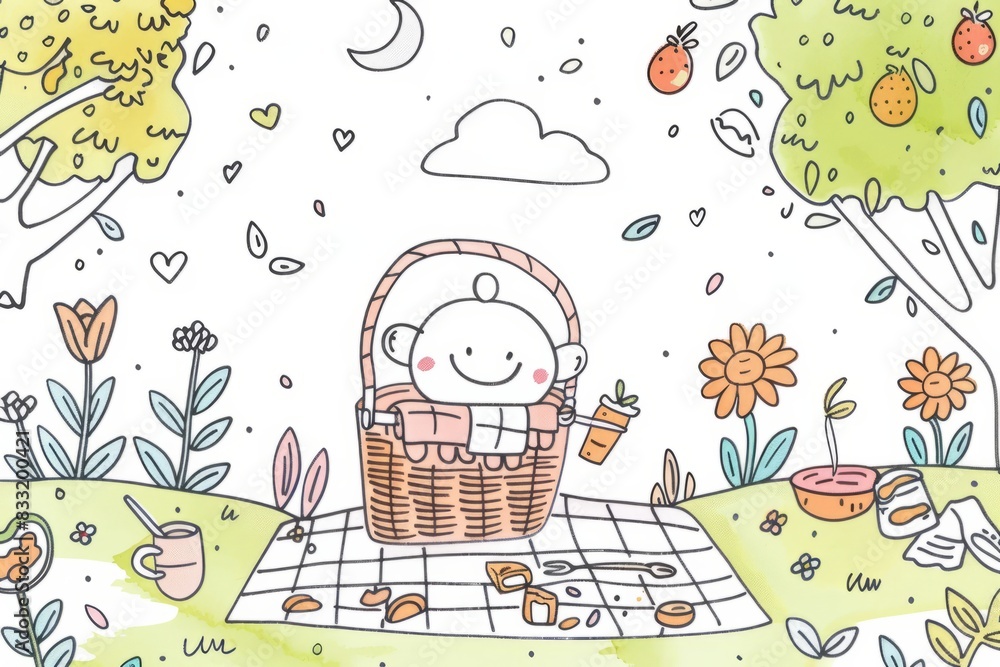 Cartoon cute doodles of a stickman having a picnic with a basket and ...