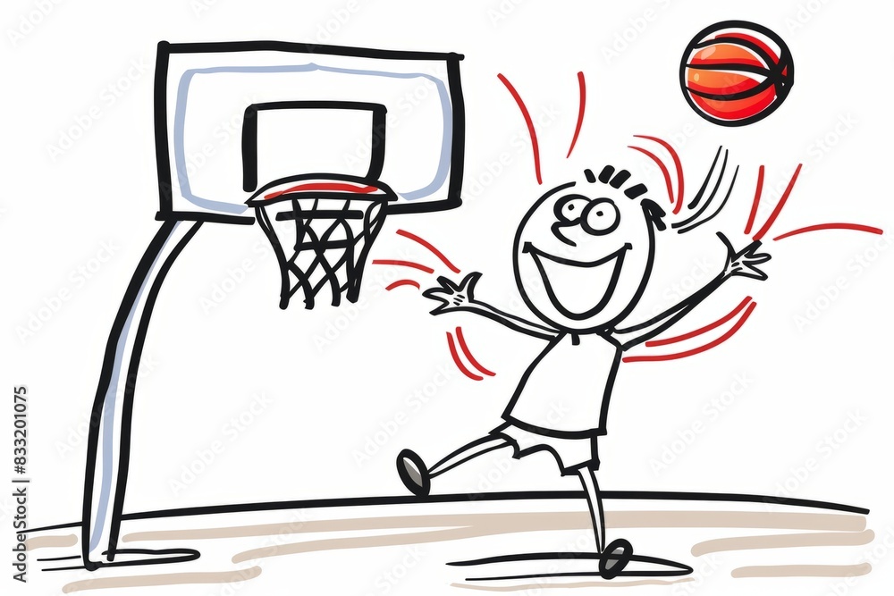 Cartoon cute doodles of a stickman playing basketball with a hoop and a ...