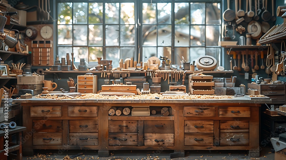 Intimate view of a craftsman's workbench with an assortment of tools ...
