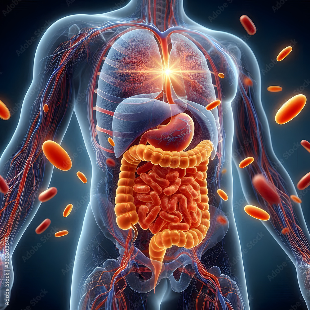 A 3D X-ray illustration of the human body highlighting the absorption ...