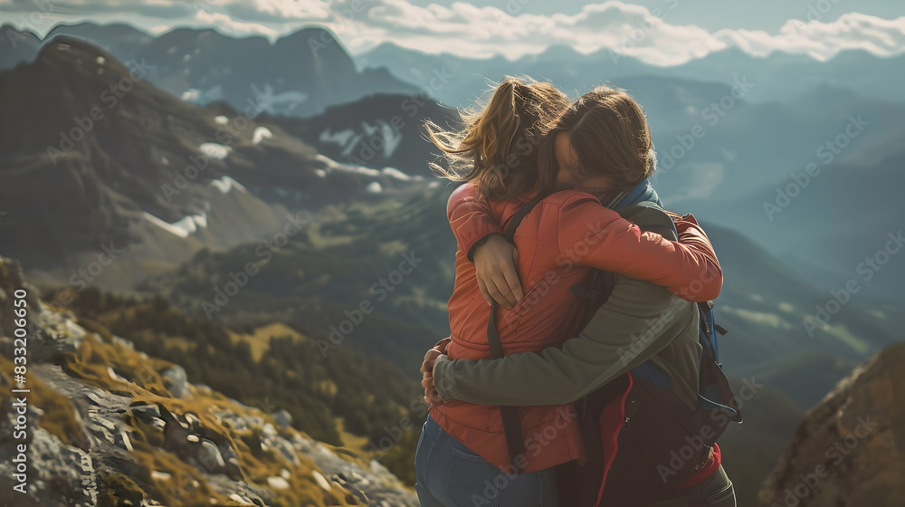 Friends embrace in a tight hug atop a rugged mountaintop, wind tousling ...