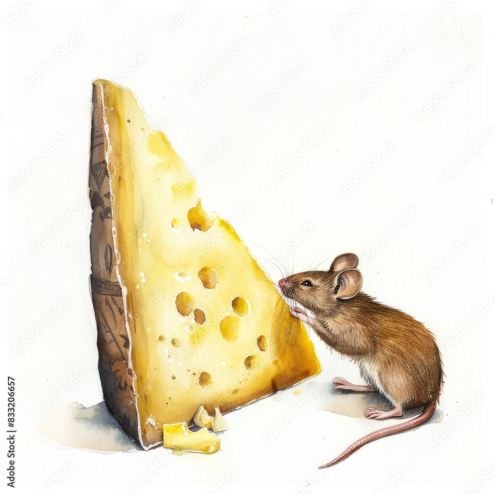 Watercolor painting of a triangular wedge of cheese with a mouse ...