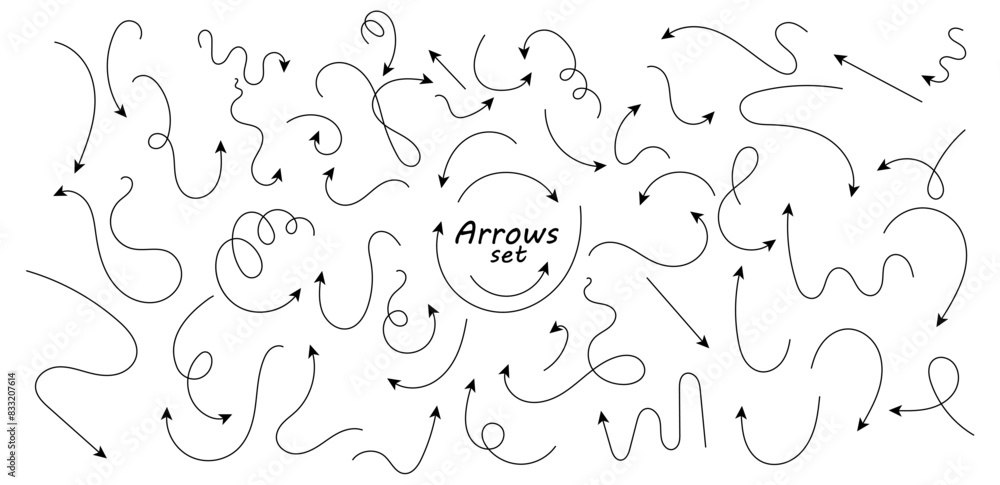 Set of hand drawn thin line arrows. Collection of curved pointers ...