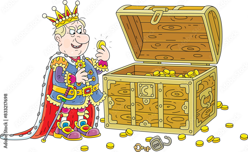 Greedy king counting gold coins in his old chest from royal tax ...