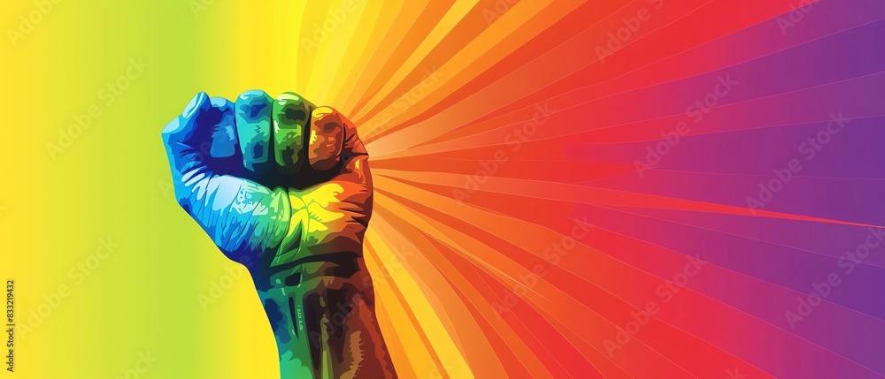 ภาพประกอบสต็อก Fist raised in solidarity on a rainbow background ...