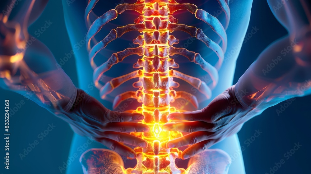 Glowing spine in human body showing lower back pain and anatomical ...