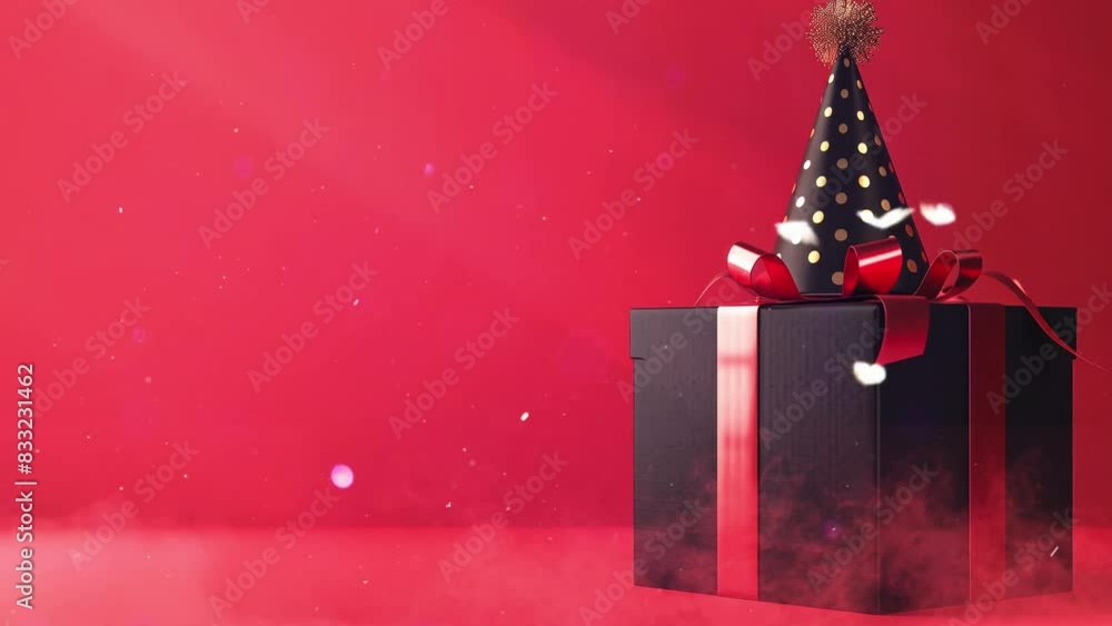 red background with happy birthday illustration of gift box and cap ...