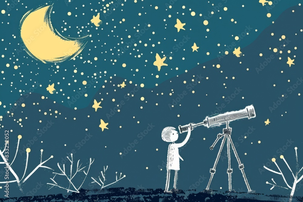 Cartoon cute doodles of a stickman stargazing with a telescope and a ...