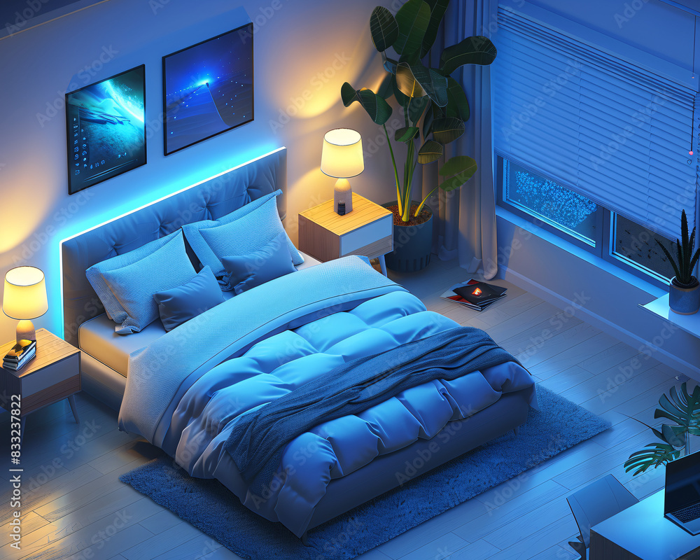 An isometric depiction of a modern smart home s bedroom, featuring AI ...