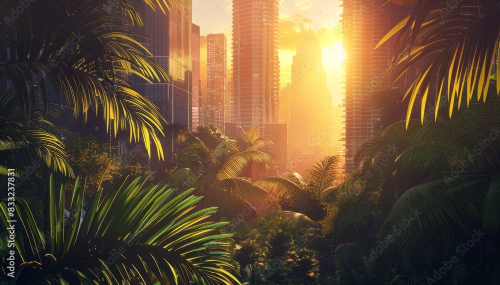 Urban jungle concept where skyscrapers tower over dense tropical ...