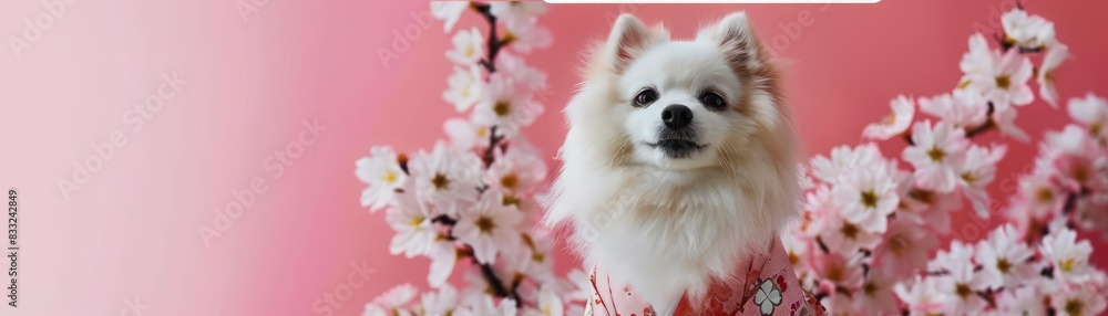 A Japanese Spitz wearing a traditional kimono stands proudly on a cherry blossom pink background ...
