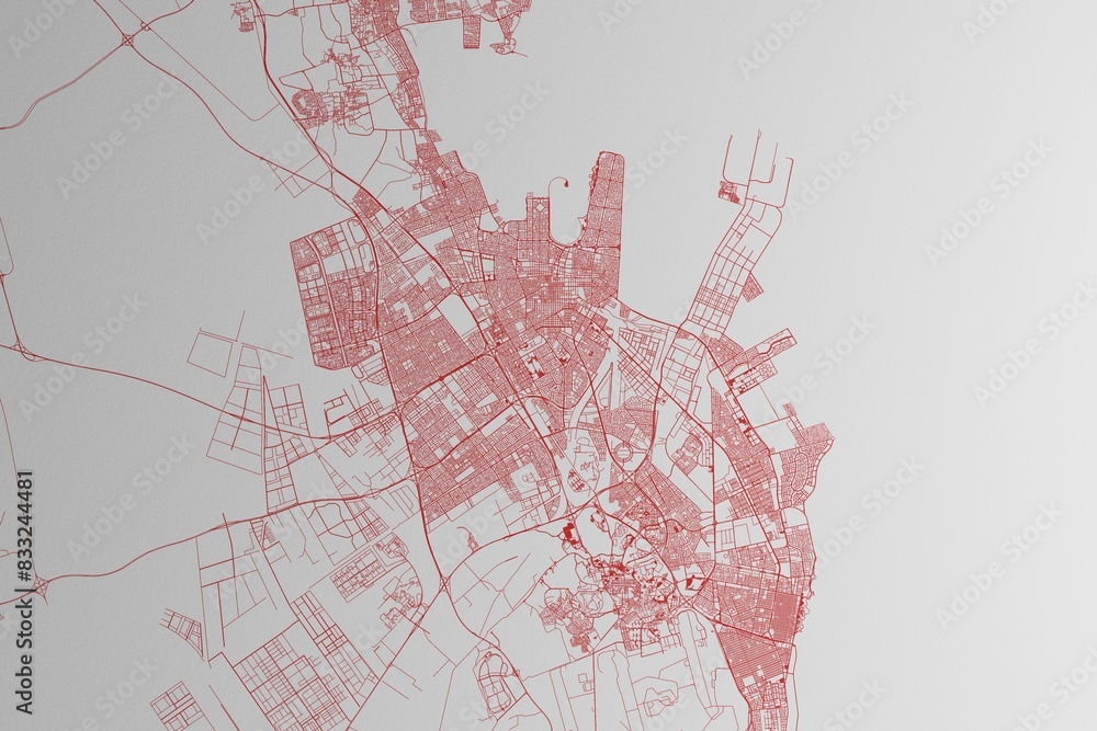 Map of the streets of Dammam (Saudi Arabia) made with red lines on ...