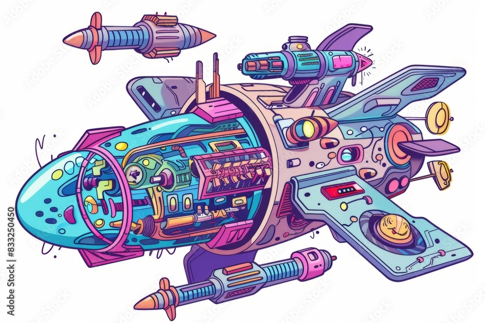 Cartoon cute doodles of a spaceship with x-ray scanners, revealing its ...