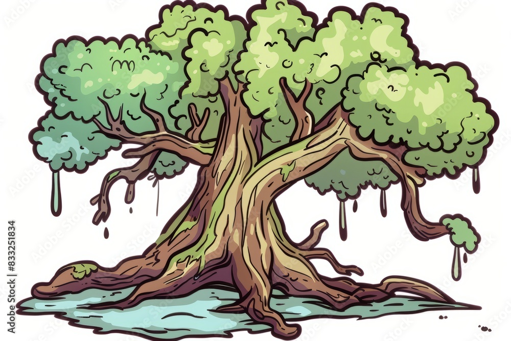 Cartoon cute doodles of a tree with transparent bark, exposing its root ...