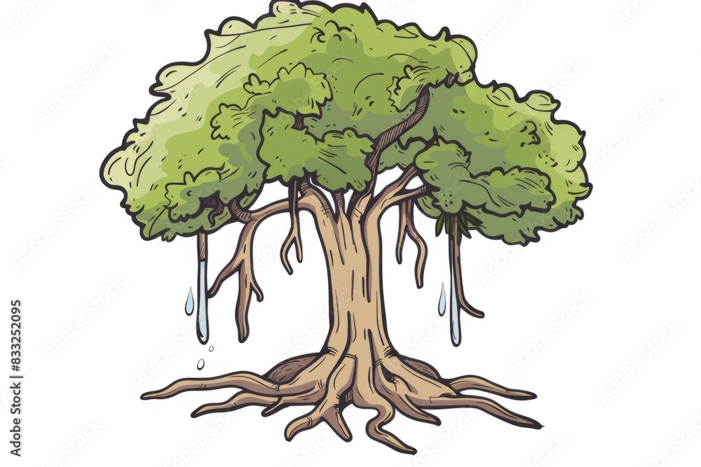 Cartoon cute doodles of a tree with transparent bark, exposing its root ...