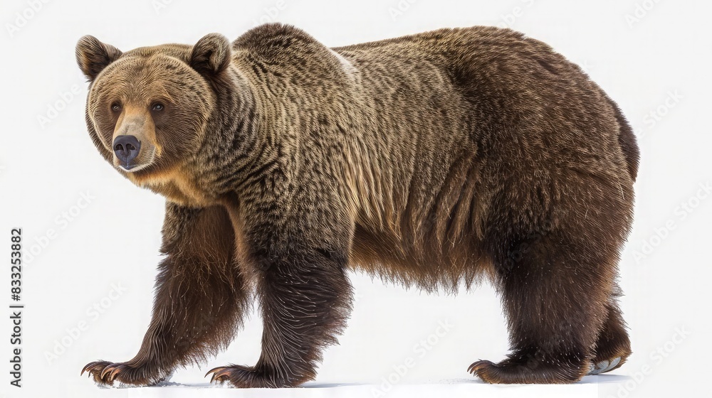 A menacing brown grizzly bear standing alert, with a focus on its thick ...