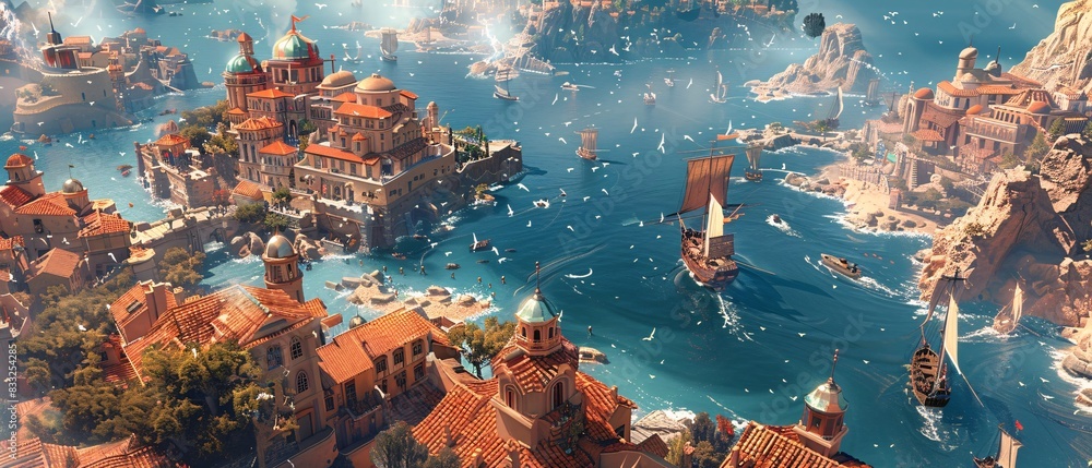 Scene depicting construction of various towers, each with unique ...