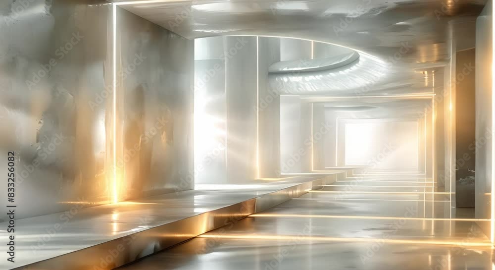 Futuristic Underground Corridor with Glowing Windows, Concrete Blocks ...