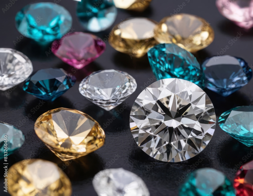 Una collezione di diamanti colorati è disposta in un cerchio, con ...