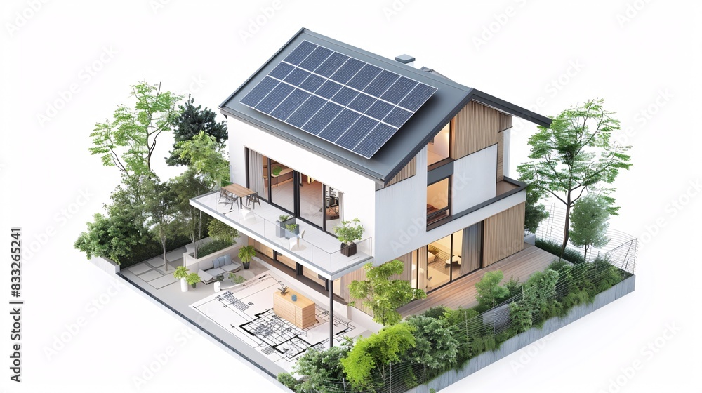 3D illustration of a modern house with solar panels on the roof ...