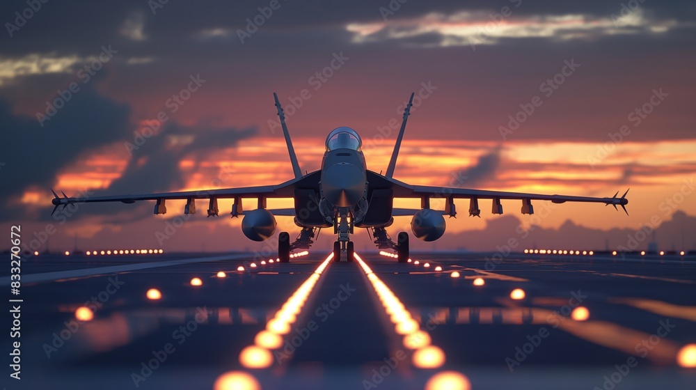Military Jet Taking Off From Aircraft Carrier at Sunset With Glowing ...