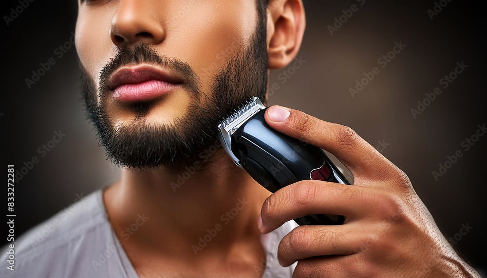 Extreme close-up of a beautiful young man while trimming his beard with ...