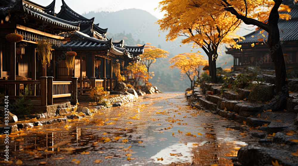 Dirty Pathway in An Ancient Chinese Village With Golden Ginkgo Trees ...