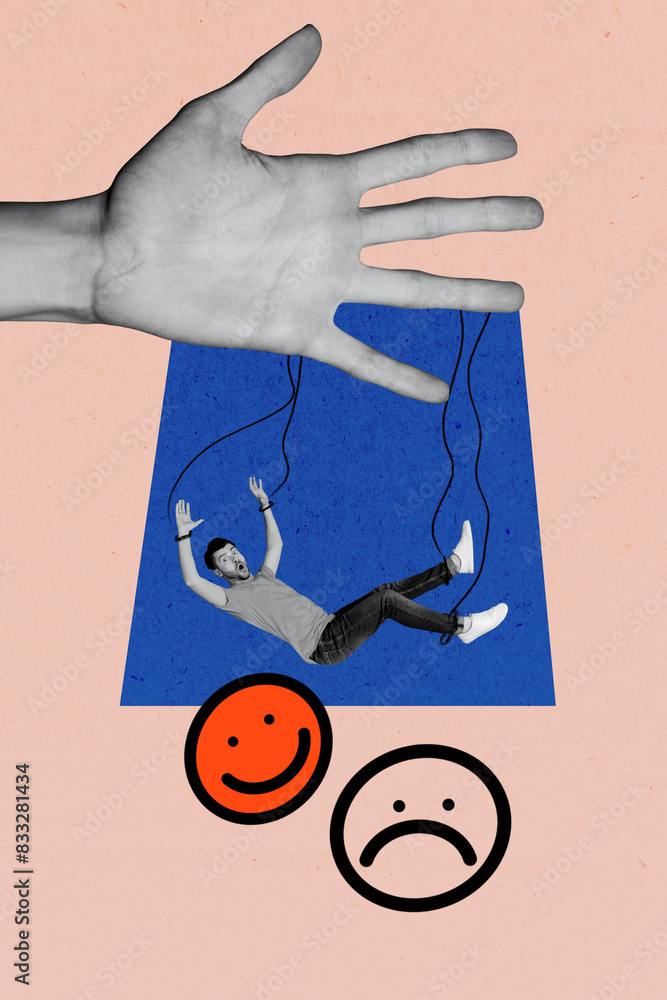 Vertical image collage picture young man falling down sad happy ...