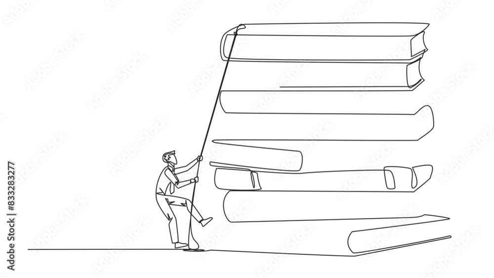 Animation of single one line drawing businessman climbing a pile of ...