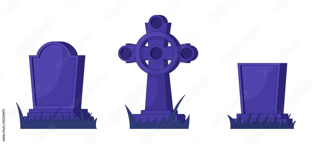 Ancient gravestones 2D linear cartoon objects set. Old tombstones with ...