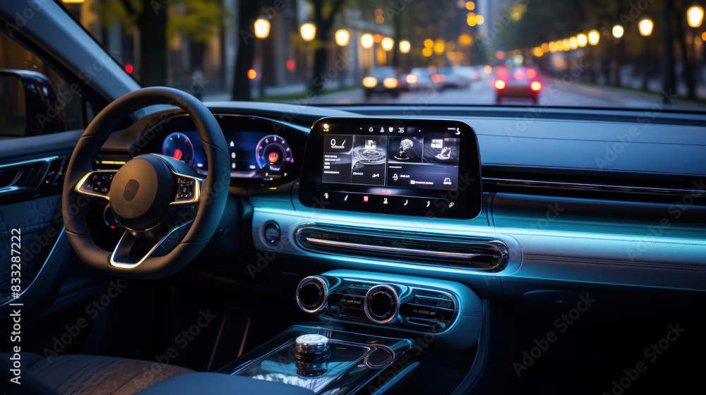 The interior shot showcases a car's dashboard with an illuminated ...