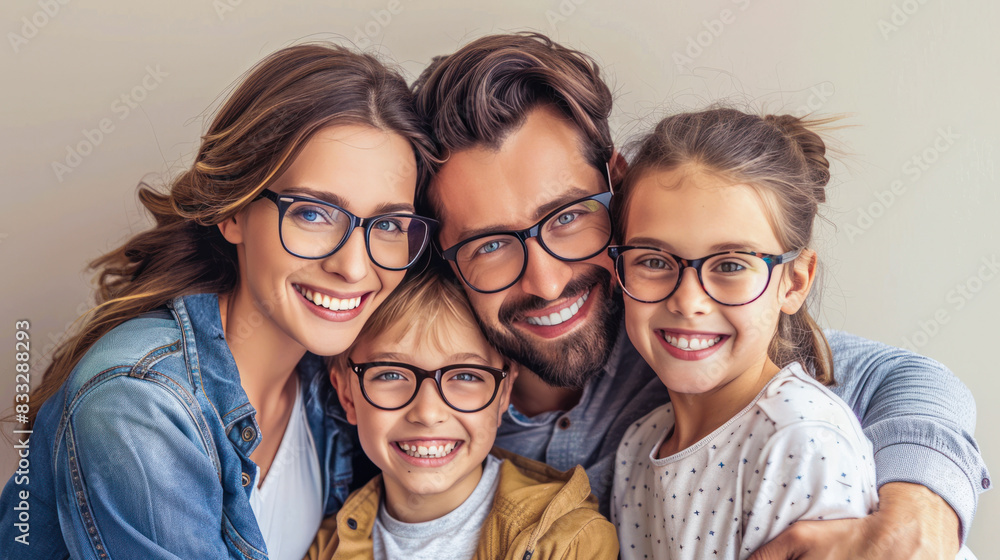 Happy caucasian family of four wearing eyeglasses on light grey ...