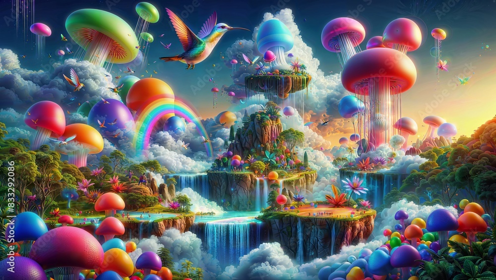 Explore a whimsical fantasy landscape with vibrant, colorful mushrooms ...