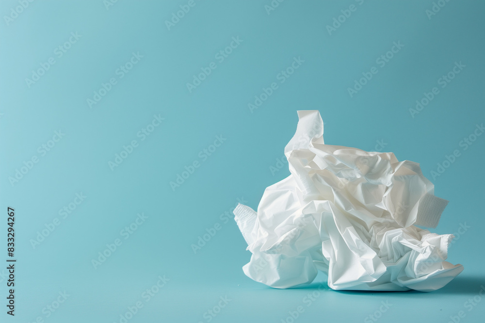 scrunched used tissue isolated on plain blue studio background with ...