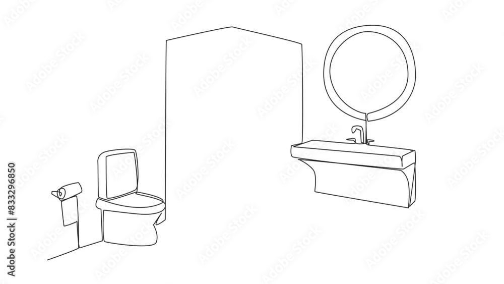 Animated self drawing of continuous line drawing bathroom with full ...