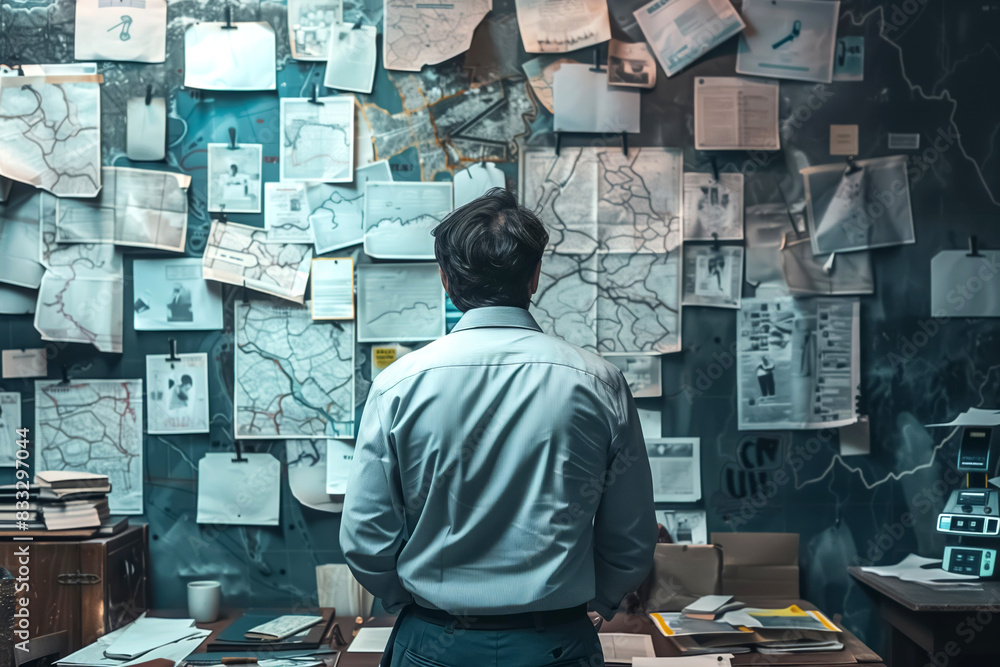 In a mystery setting, a detective analyzes evidence at a crime scene ...