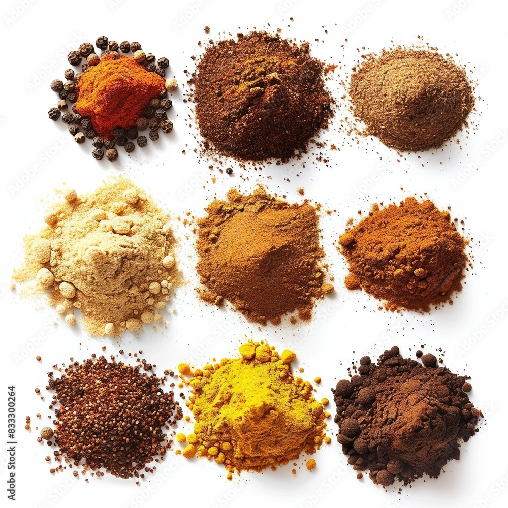 top view set of spices on isolated white background, for restaurant ...