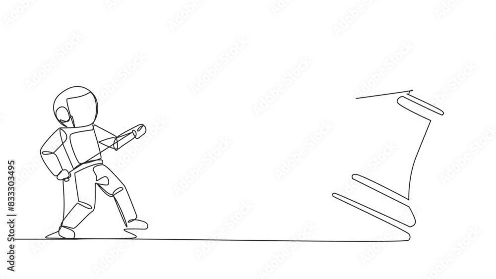 Animation of continuous one line drawing energetic astronaut pulling big king chess with rope ...