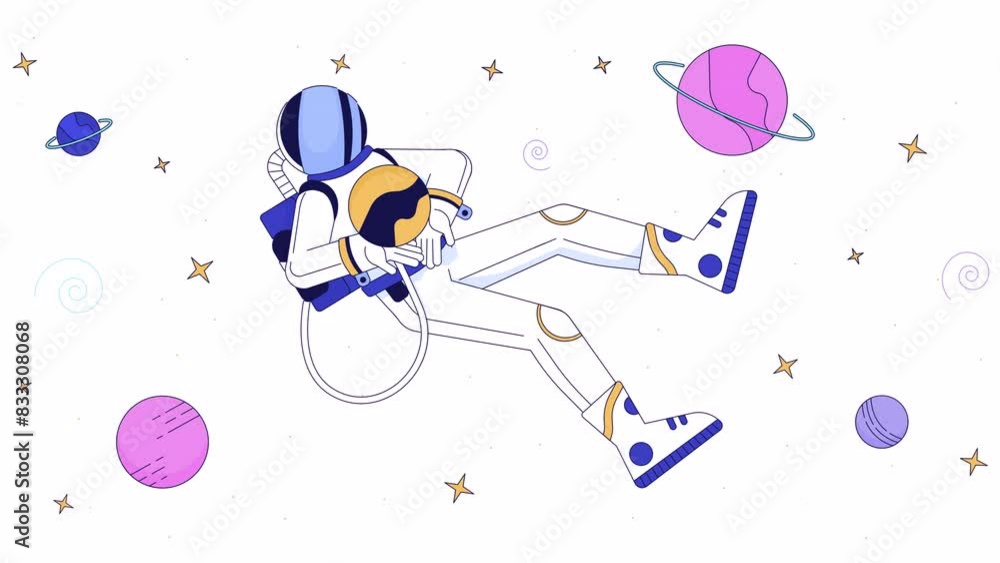 Brave astronaut in outer space line cartoon animation. Cosmos ...