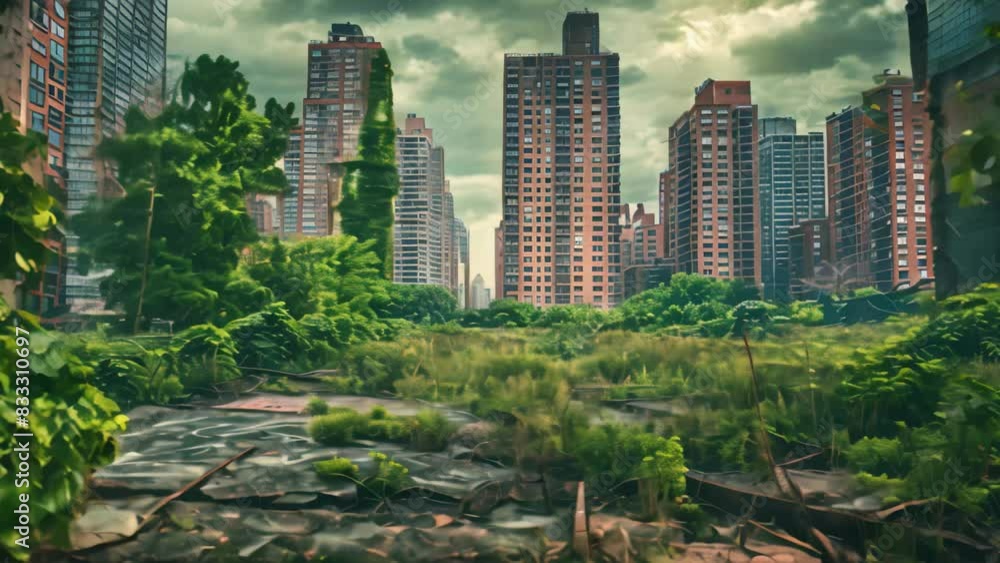 Tall buildings stand amidst graffiti-covered ground in a dystopian ...
