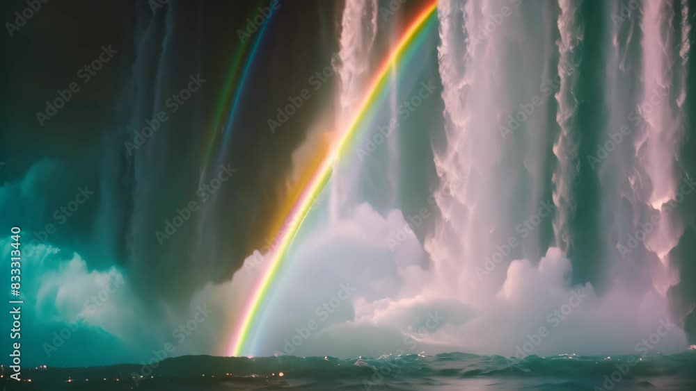 A powerful waterfall cascading down with a vibrant rainbow in the ...