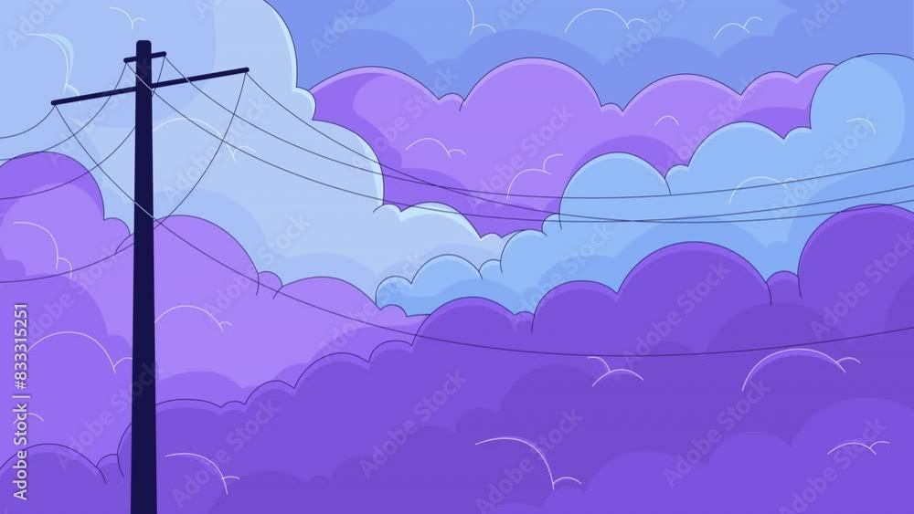 Power transmission lines against sunrise sky cartoon animation. Dawn ...