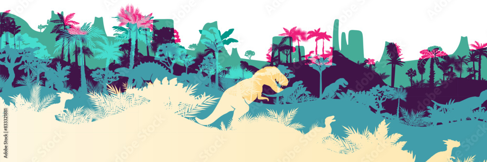 Dinosaur jungle background. Layered landscape with prehistoric ...