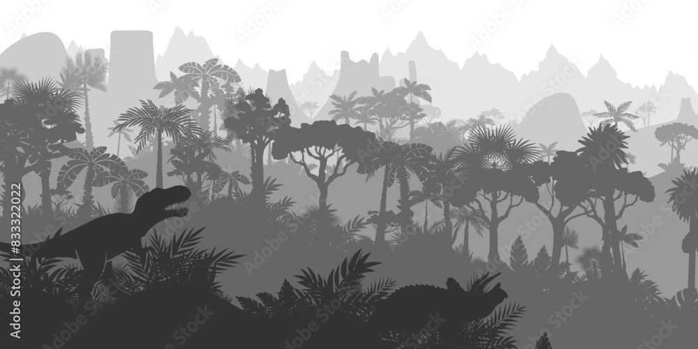 Dinosaur jungle background. Layered landscape with prehistoric ...