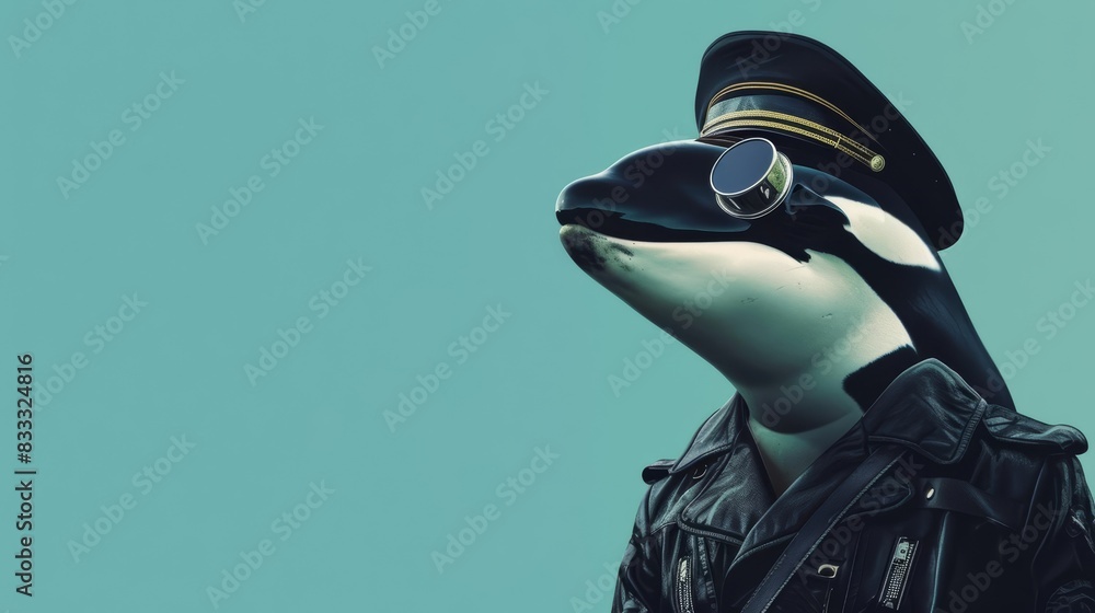 An orca in a pilots uniform, complete with a cap and aviator sunglasses ...