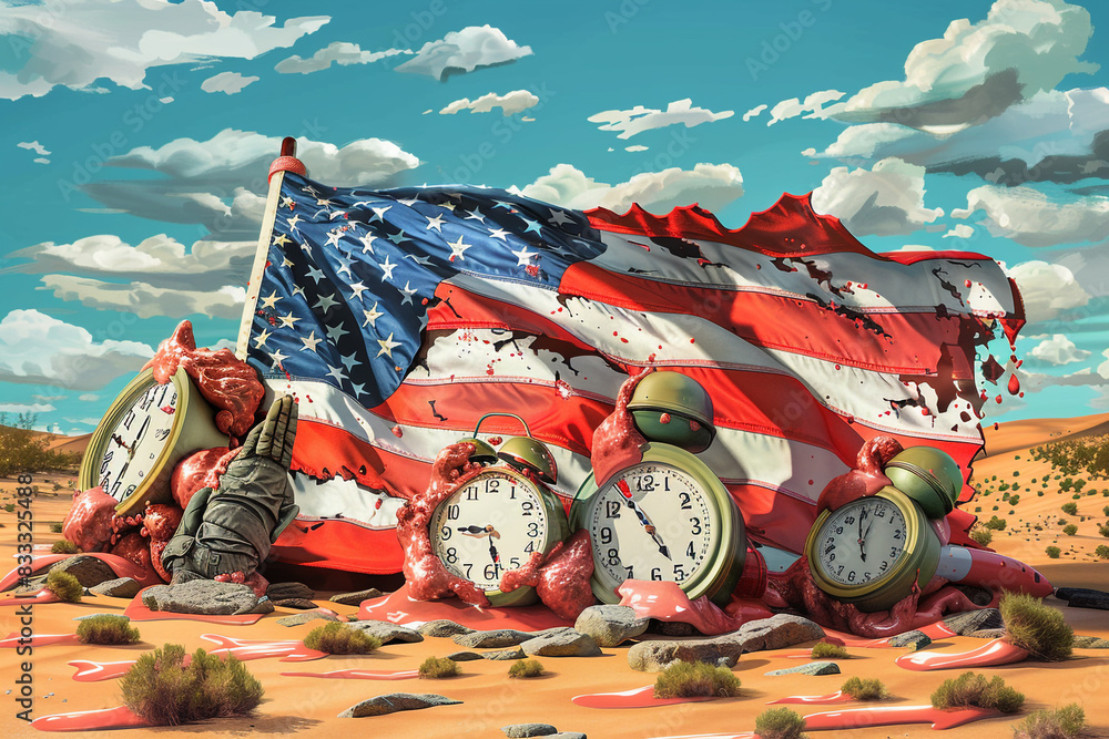 American flag praying soldier silhouette with melting clocks in a ...